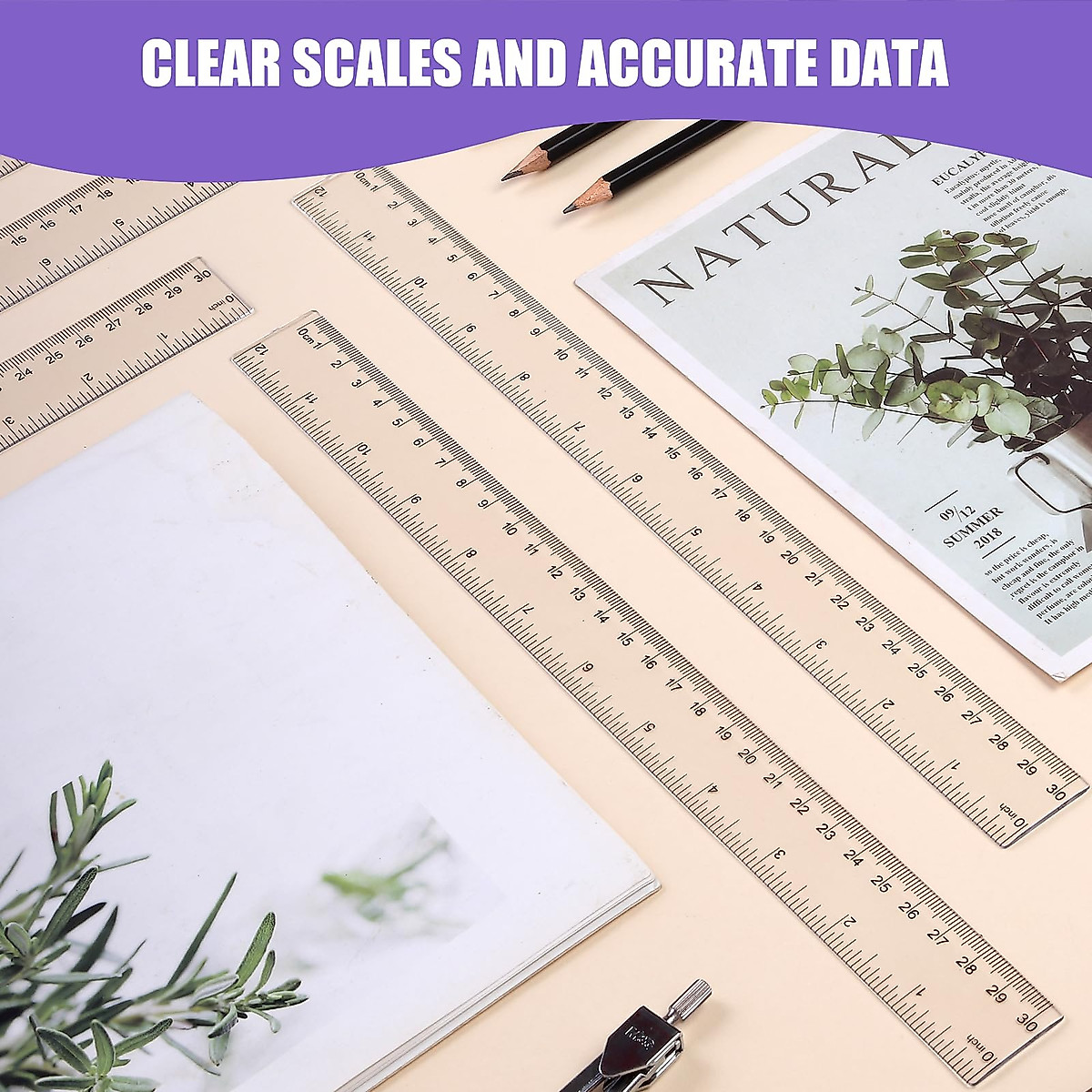 FeFu 7 Pack Clear Plastic 12 Inch Ruler, Dual Scale Inches and Centimeters, Injection Molded