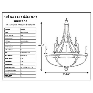 Urban Ambiance Luxury Modern Farmhouse Chandelier, Large Size: 40-1/2" x 35-1/4", with French Country Style Elements, Galvanized Steel Finish, UHP2902 from The Adelaide Collection