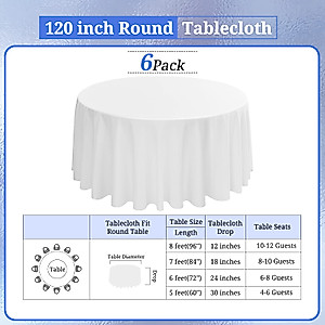 REWOMC 6 Pack Round Tablecloths - 120 Inch, White Polyester Table Cover for Round Table, Stain and Wrinkle Resistant Washable Fabric Table Cloth, Polyester Tablecloth for Wedding Banquet Parties