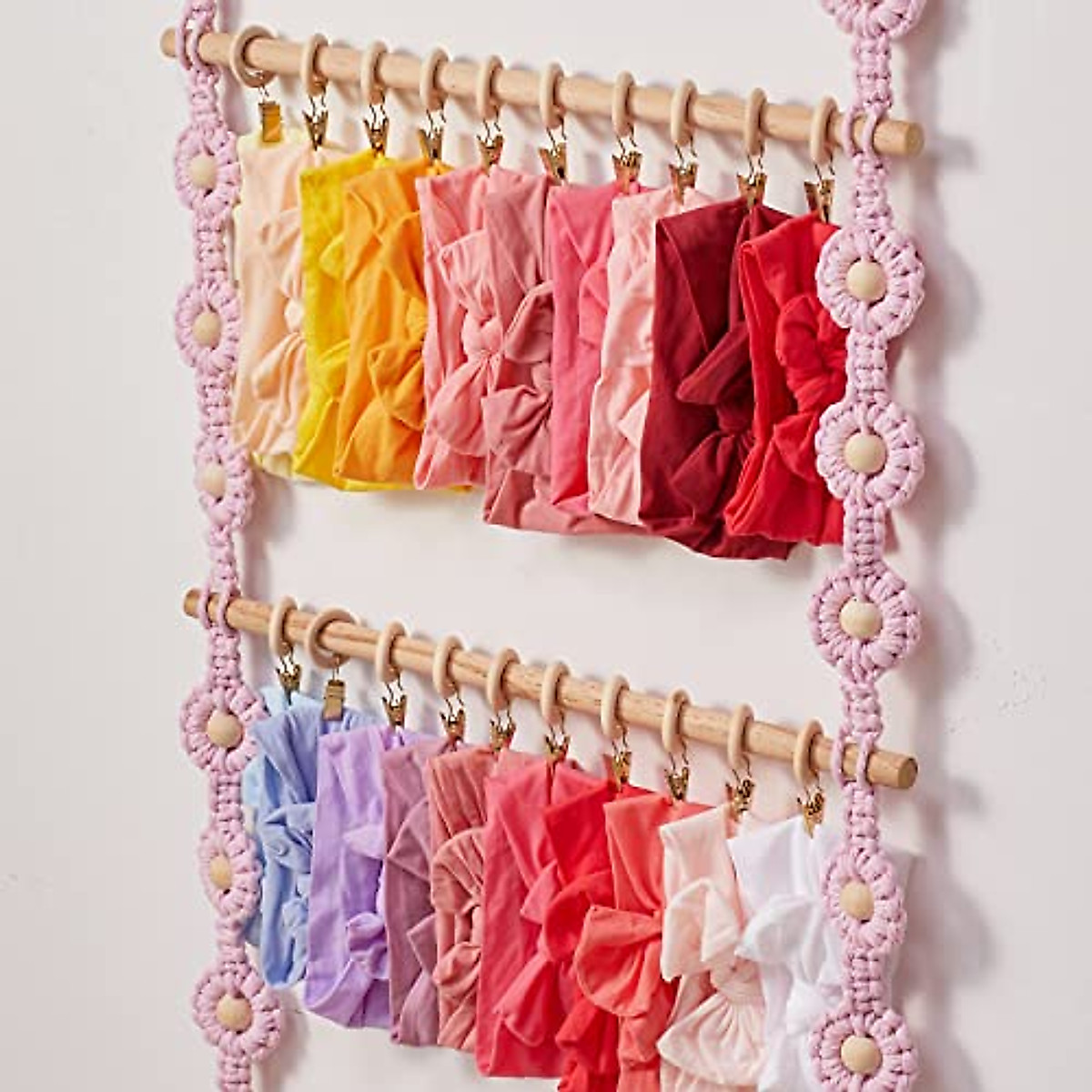 Mokof Headband Holder for Baby Girls, Macrame Daisy Flower Headbands and Bows Rack, Hanging Storage Organizer Newborn Headbands, Bows, Boho Nursery Wall Decor (Pink, 4 Rods, Holds 40 headbands)