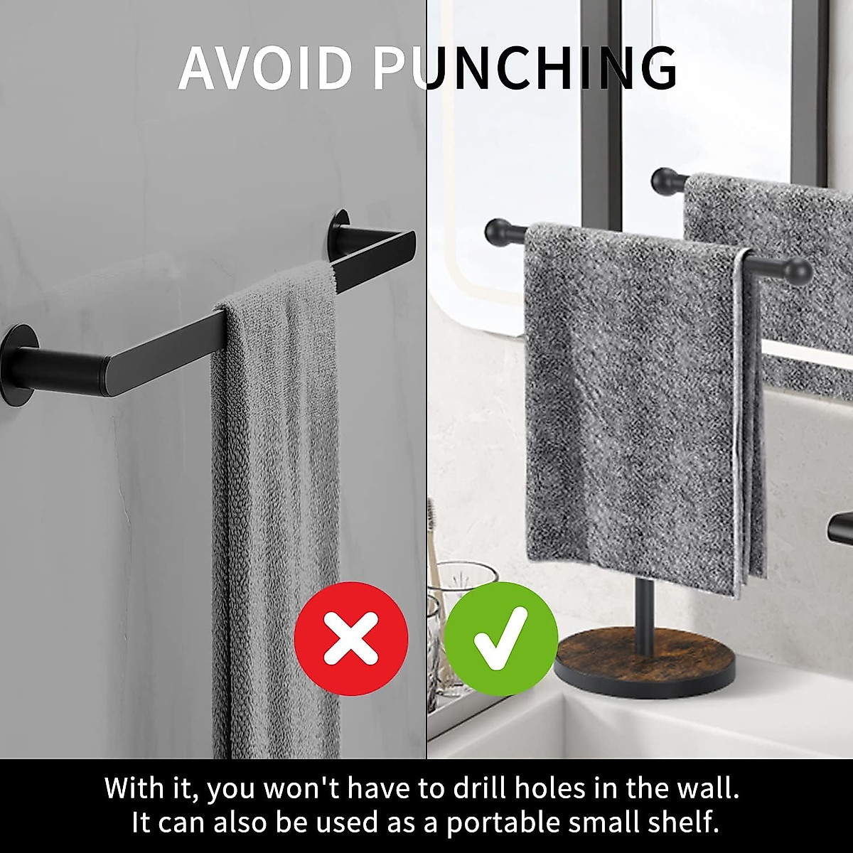 YINMIT Hand Towel Holder Stand, Matte Black T-Shape Free Standing Hand Towel Holder for Bathroom with Heavy Base, Height 15” Wood Countertop Towel Holder for Bathroom Kitchen Countertop Vanity