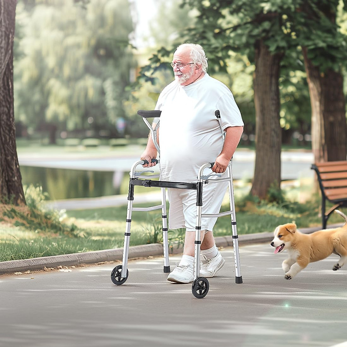 GreenChief Walkers for Seniors, Foldable Standard Walker with Adjustable Width, Folding Walker with Arm Support, 2 Wheels Walker for Elderly Handicapped Disabled (300LB)