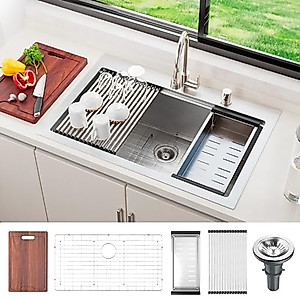 ARAUSK Drop in Kitchen Sink Nano, 33 X 22 Inch, 18 Gauge Gunmetal Matte Stainless Steel Sink, 10 Inch Depth Workstation Sink Single Bowl, T-304 Topmount Sink with Accessories