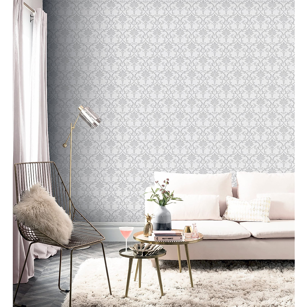 Arthouse ArtiSTICK Divine Damask Gray Peel and Stick Self Adhesive Wallpaper 6m/19.6 Foot Long - Great for Upcycling Furniture - Cabinets Kitchen Drawers Shelves - Peel & Stick Non Woven 300217