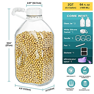 2 Pack 64 Oz Heavy Duty Glass Milk Bottle with Pour Spout and Reusable Airtight SCREW LID, 2 Qt Glass Water Bottle with 2 Exact Scale Lines - Glass Milk Jug Pitcher - 1/2 Gal Juice Bottles