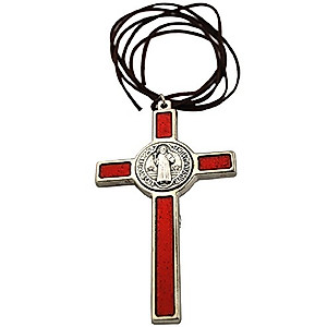 St. Benedict Crucifix with Round St. Benedict Medal Inlay | 3" Silver-Tone and Red Enamel Cross with Cord and Booklet | Patron Saint of Students and Europe | Made in Italy