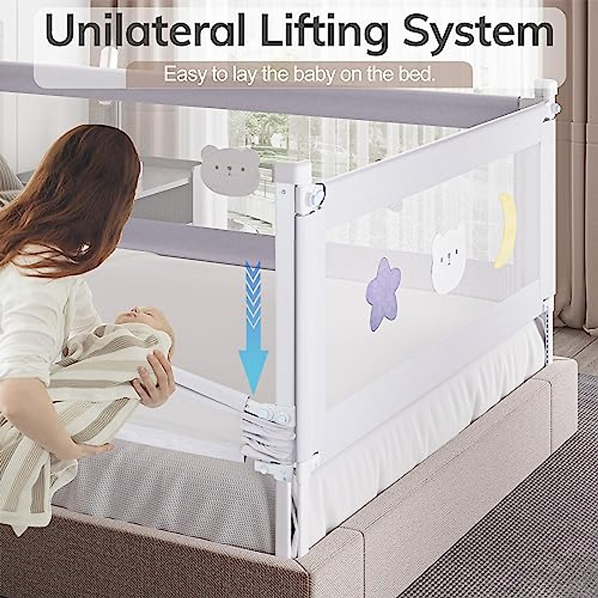 omzer Bed Rail for Toddlers - Baby Bed Guard Rail with Double Child Lock, Safety Bedrail for Children Kids with Pattern, Infants Height Adjustment Guardrail for Queen Size Bed - 3 Pack, 78.7x78.7x59”