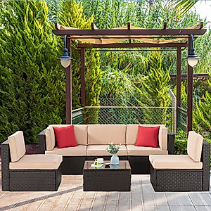 Shintenchi 6 Pieces Patio Furniture Sets Outdoor All-Weather Sectional Patio Sofa Set PE Rattan Manual Weaving Wicker Patio Conversation Set with Glass Table&Ottoman Cushion and Red Pillows, Neutral