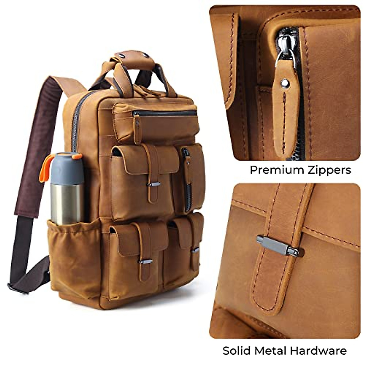 Cowhide Leather Multi Pockets 16 Inch Laptop Backpack Day Pack Travel Bag (Light Brown(Updated Version))