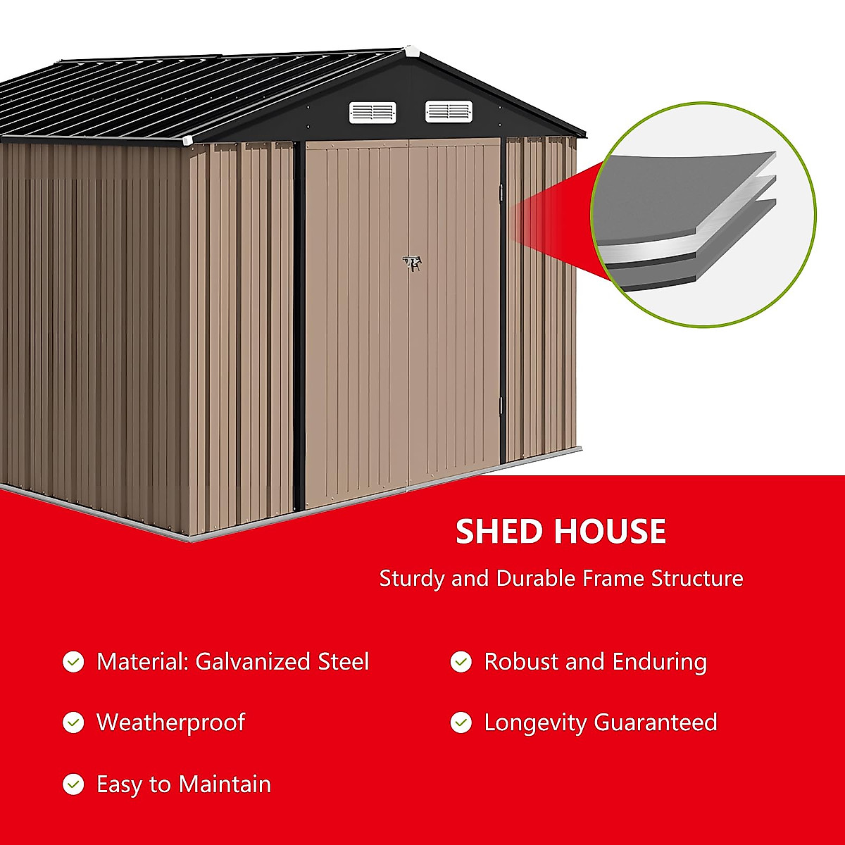 JoanKaren Outdoor Storage Shed House 8x10 FT, Heavy Duty Steel Metal Sheds with Doors for Patio Garden Backyard, Large Cabinet to Store Bikes, Tools and Lawnmowers, Ventilated & Waterproof (Brown)