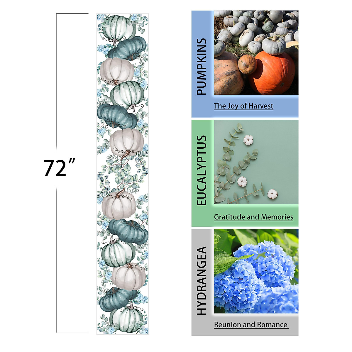 Thanksgiving Decorations Fall Table Runner 72 Inches Long with Autumn Pumpkins Eucalyptus Leaves. Fall Decorations for Home Dining Room Kitchen Table Seasonal Holiday Harvest Party Decor