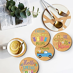 Easter Wood Drink Coasters Set Happy Easter Spring Festival Theme Gift Easter Bunny Eggs Carrots Decor Round Bamboo Coasters for Tabletop Protection Cup Glass Bottle Mat Heat Resistant Set of 6