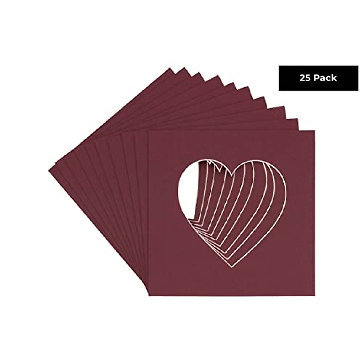 15x15 Mat Bevel Cut for 11x11 Photos - Precut Maroon Heart Shaped Photo Mat Board Opening - Acid Free Matte to Protect Your Pictures - Bevel Cut for Family Photos, Pack of 25 Matboards Show Kits With