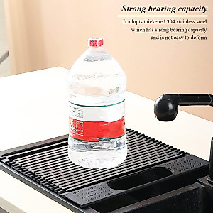 Berglander Gold Dish Drying Rack Over The Sink, L17.5*W 15" Rollable Tianium Golden Plating Stainless Steel Dish Rack with Removable Storage Basket, Perfect for Kitchen Sink