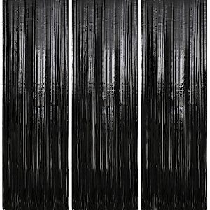 Crosize 3 Pack 3.3 x 9.9 ft Black Foil Fringe Backdrop Streamer Curtains, Birthday Party Decorations, Tinsel Curtain for Parties, Photo Booth Backdrops, Party Decor