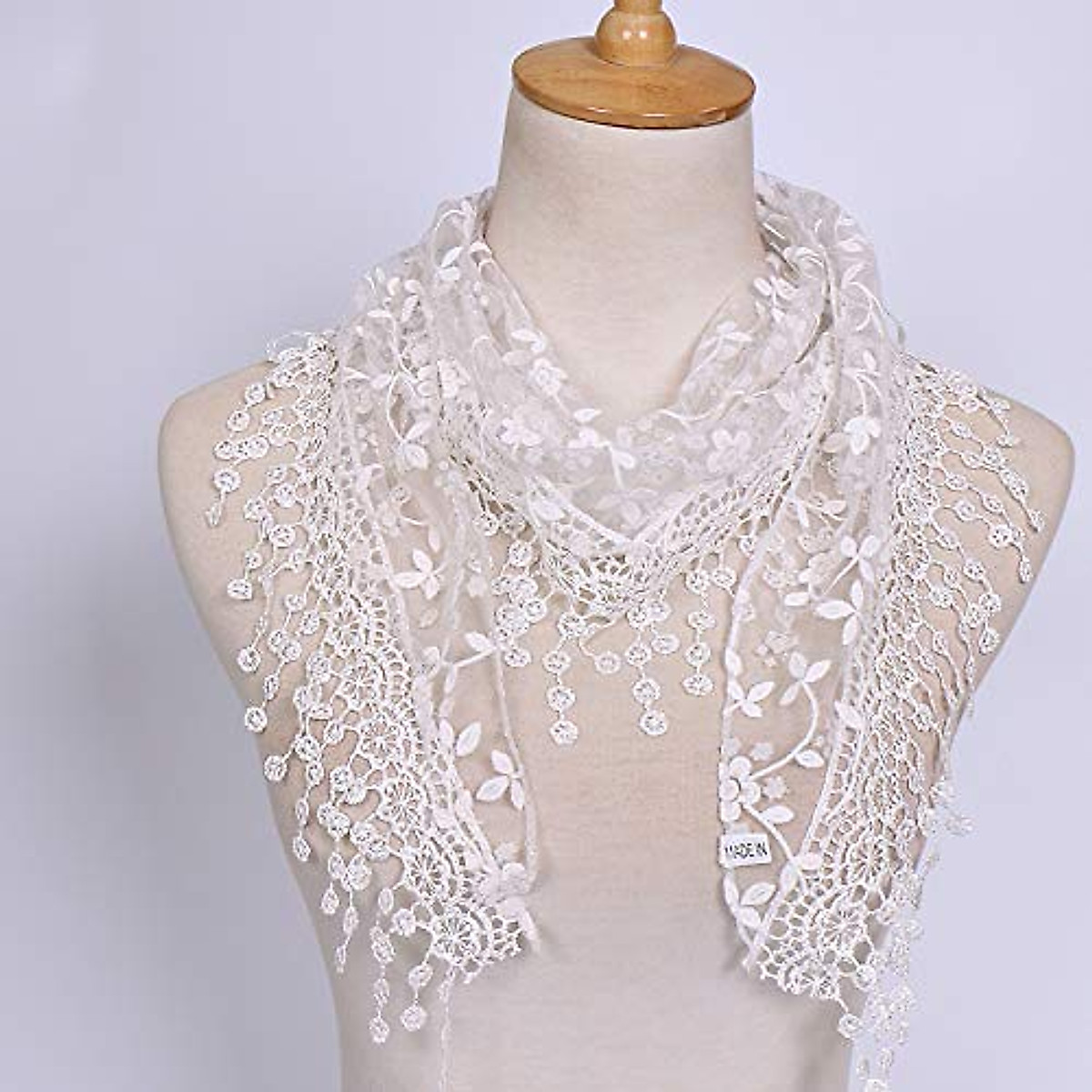 Cotchear Lace Scarf Floral Crochet Lightweight Tassel Sheer Wrap Scarves Shawl (White)