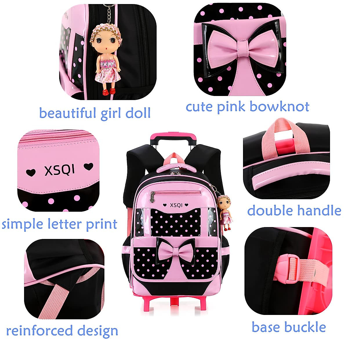 MITOWERMI Rolling Backpack for Girls Trolley School Bags Cute Bowknot Girls Backpack with Wheels Carry-on Travel Luggage with Handbag Toddler Elementary Princess Bookbags