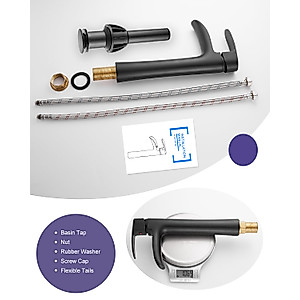 Arkosdex Modern Bathroom Vessel Sink Faucet, Tall Waterfall Bathroom Faucets, Single Handle Lavatory Vanity Faucet for Bowl Sink, 1 Hole Bath Tap with Pop Up Drain & Water Lines, Brass, Matte Black