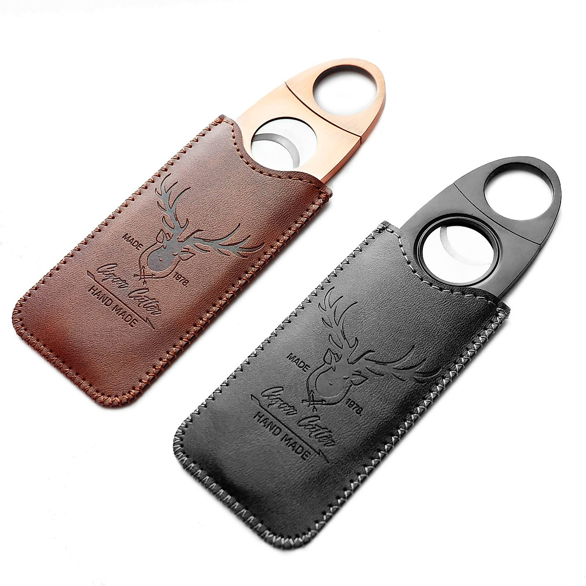 Stainless Steel Cigar Cutter Guillotine with Leather Pouch,Double Blade for a Precise Perfect Cut(Bronze Deer)