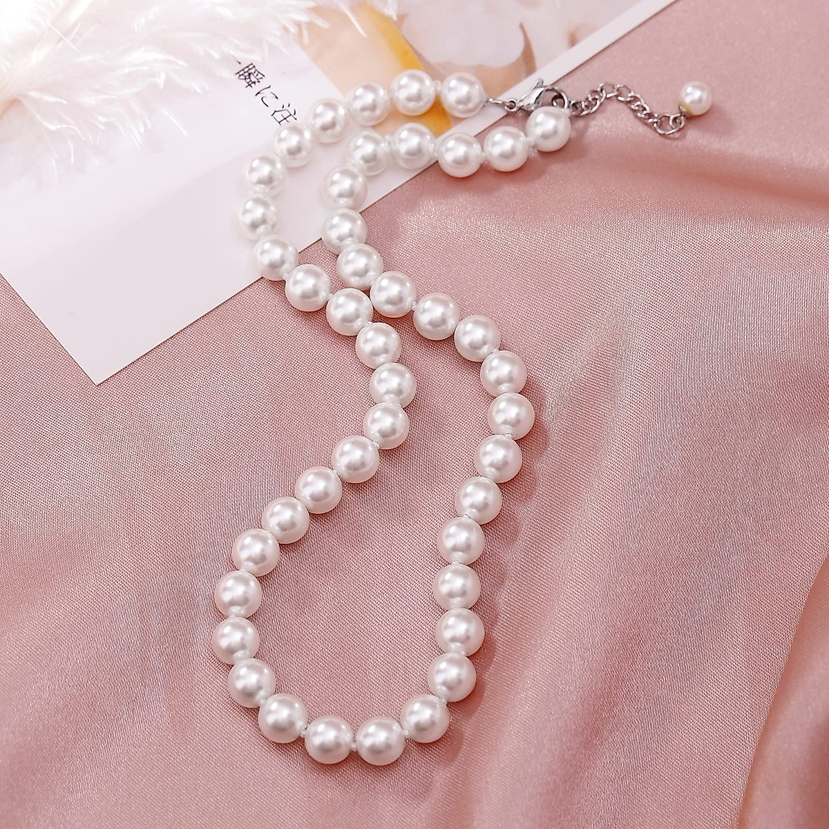 LZMEI White 8mm Faux Hand Knotted Glass Imitation Pearls Necklace Earring Jewelry 3 Set for Women and girls (16inch)
