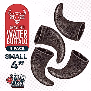 Water Buffalo Horn Dog Chew 4 Pack - Small 4" - All Natural Free Range Grass Fed Single Source Protein - No Chemicals, Additives, Hormones - Long Lasting, Good for Aggressive Chewers