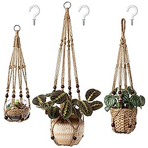 Mkono 3 Pack Macrame Plant Hangers Indoor Different Size Hanging Planter Basket Flower Pot Holder with Beads No Tassels 35"/29"/23", Medium, Brown