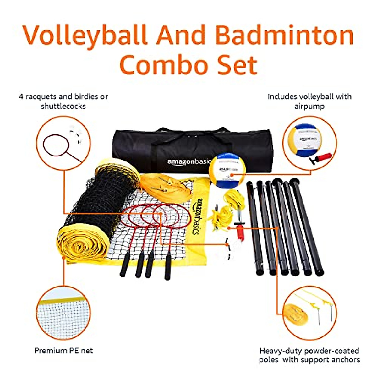 Amazon Basics Outdoor Volleyball and Badminton Combo Set