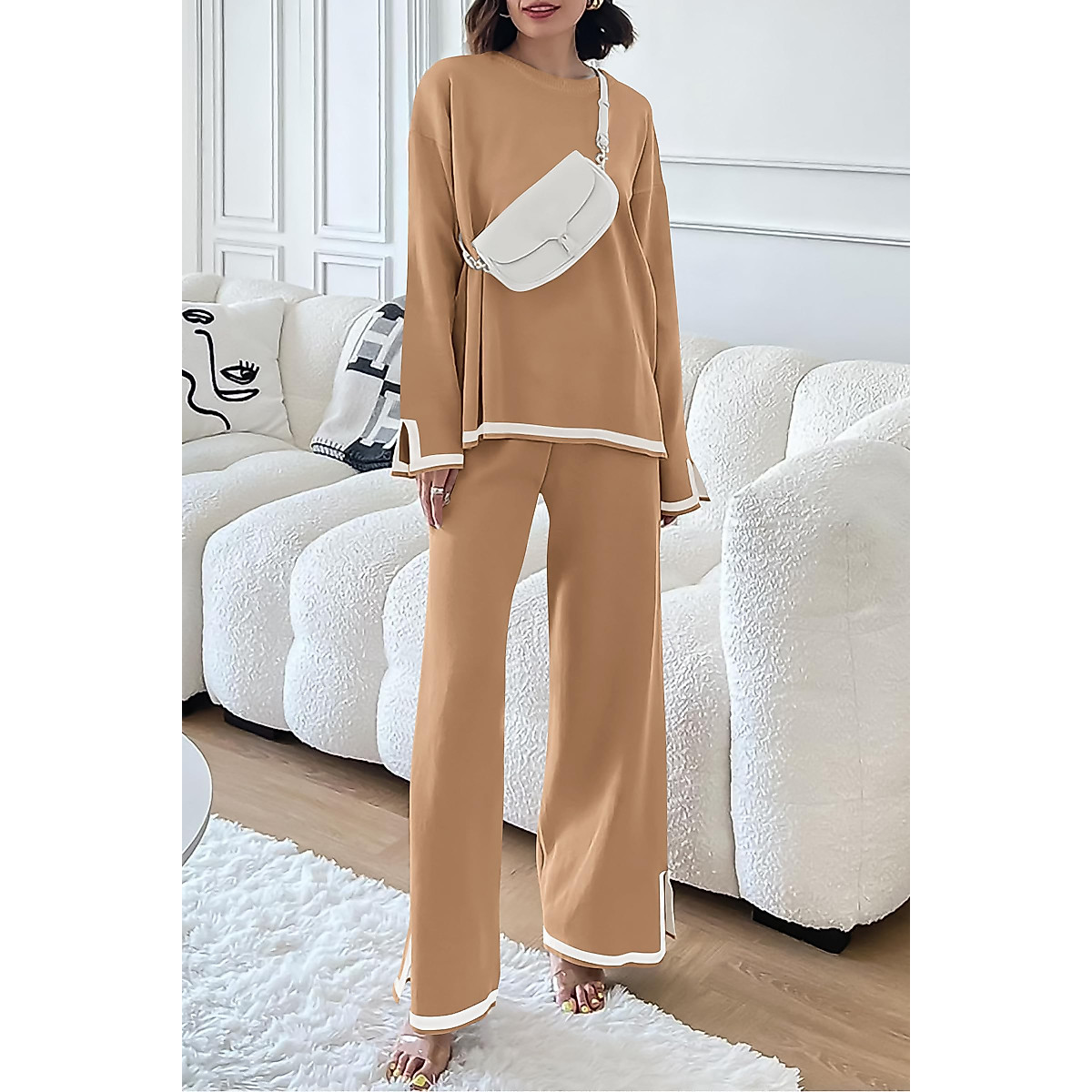 PRETTYGARDEN Women's 2 Piece Knit Sweater Set Casual Long Sleeve Pullover Wide Leg Pants Sweatsuit Tracksuit Outfit (Khaki,Large)