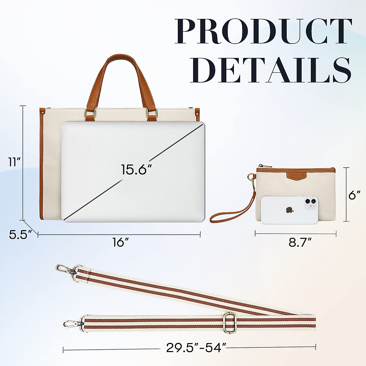 Missnine Tote Bag Canvas Laptop Bag for Women 15.6 inch Casual Work Bags with Clutch Purse Computer Shoulder Bag 2 PCS Set for Travel, Office, College