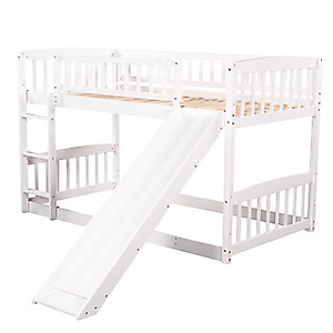 Harper & Bright Designs Low Bunk Bed with Slide Twin Over Twin Bunk Beds for Kids Toddlers, Wood Floor Beds Frame with Rails for Boys Girls Teens, White