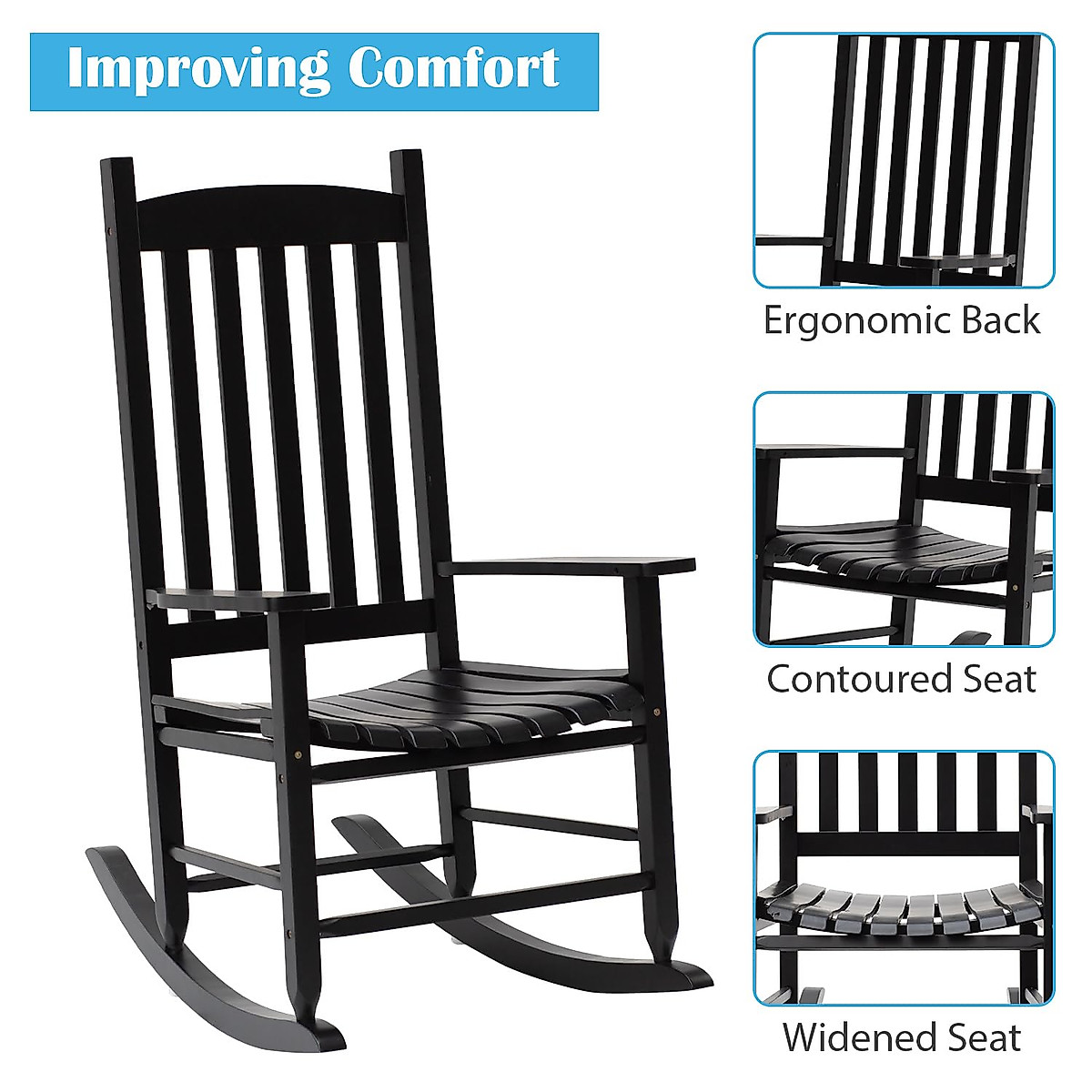 Outdoor Rocking Chairs, Wooden Rocking Chair with a Curved Seat & a High Slatted Backrest, Rocking Chairs with Wide Arms, Black Rocking Chair with Load Bearing 243 lbs for Patio Backyard Porch Garden