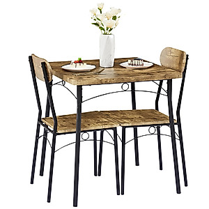 VECELO 3 Piece Dining Set, Metal and Wood Square Kitchen Breakfast Nook, Dinette, Table & Chair for 2, Brown