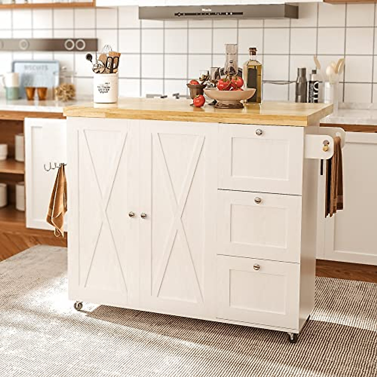 IRONCK Rolling Kitchen Island Cart with Drop-Leaf Countertop, Barn 3Drawers, Barn Door Style Cabine,Thicker Rubberwood Top, Spice Rack, on Wheels, for Kitchen and Dining Room, White