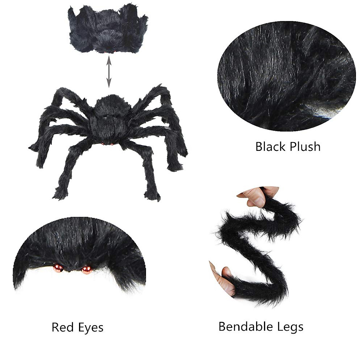 BEIGUO 5pcs Halloween Spider Gaint Hairy Spider with Red Eyes,Bendable Legs Scary Halloween Spider Decorations for Patio,Yard,Garden,House(1pcs 30",2pcs 20",2pcs 12")