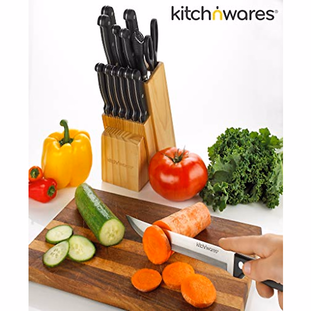Knife Set With Wooden Block - 15 Piece Set Includes Chef Knife, Bread Knife, Carving Knife, Utility Knife, Paring Knife, Steak Knife, Boning Knife, Scissors And Knife Sharpener. - By Kitch N’ Wares