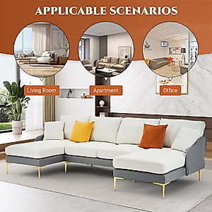 OUYESSIR U Shaped Sectional Sofa Couch, 4 Seat Sofa Set with Double Chaise, 108.5" U-Shaped Modern Fabric Sofa Sleeper with 4 Throw Pillows for Living Room, Grey