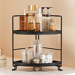 NLBTW 2 Tier Corner Bathroom Countertop Organizer, Stackable Storage Shelf for Vanity Makeup Perfume Shelf, Kitchen Spice Rack or Bedroom Small Object Storage Standing Counter (Black & Black)