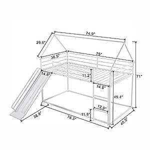 Twin Over Twin Bunk Beds with Slide, Metal Frame House Bunk Bed, Low Twin Bunk Beds with Built-in Ladder, No Box Spring Needed, White