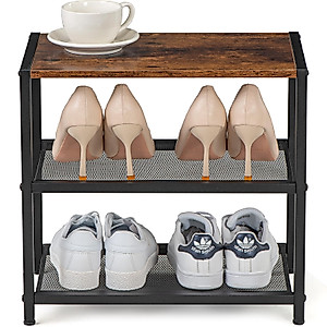Aroktake Small Shoe Rack for Entryway, 3-Tier Metal Shoe Shelf, Free Standing Shoe Organizer for High Heels, Hallway, Closet, Bedroom, Living Room(Rustic Brown)