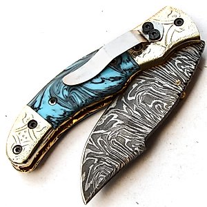 POC-9776 Folding Damascus Steel Hunting Knife with Pocket Clip Sheath