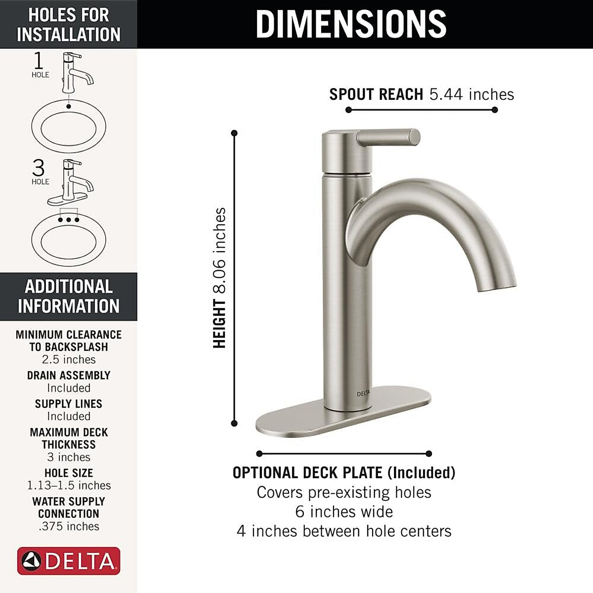 Delta Faucet Nicoli Single Hole Bathroom Faucet Brushed Nickel, Single Handle Bathroom Faucet, Drain Assembly, Stainless 15749LF-SS