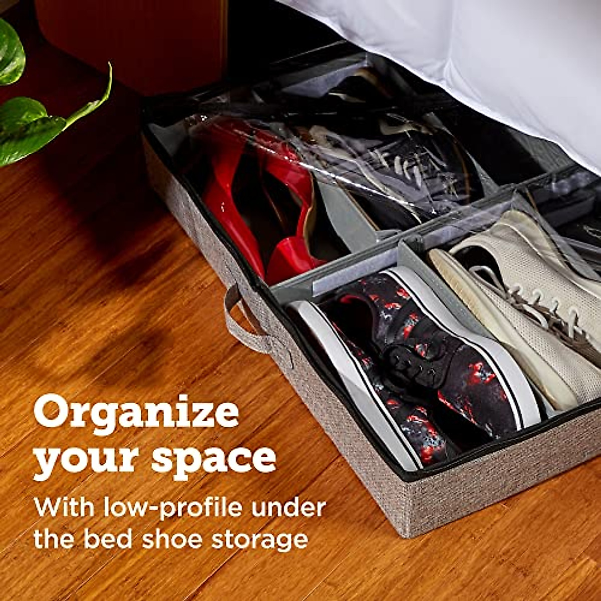 Low Profile Under Bed Shoe Storage Organizer, 4.5'' Tall and Fits Beds 5'' Off the Floor, Adjustable Dividers, Underbed Shoe Storage Solution - Set of 2 (Dark Grey)
