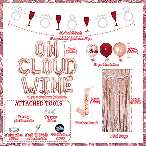Bride On Cloud Wine Bachelorette Party Decoration, Wedding Bridal Shower Decorations with Wine Bottle Ring Garland, On Cloud Wine Foil Balloon Banner and Latex, Bride To Be Sash and Foil Curtain