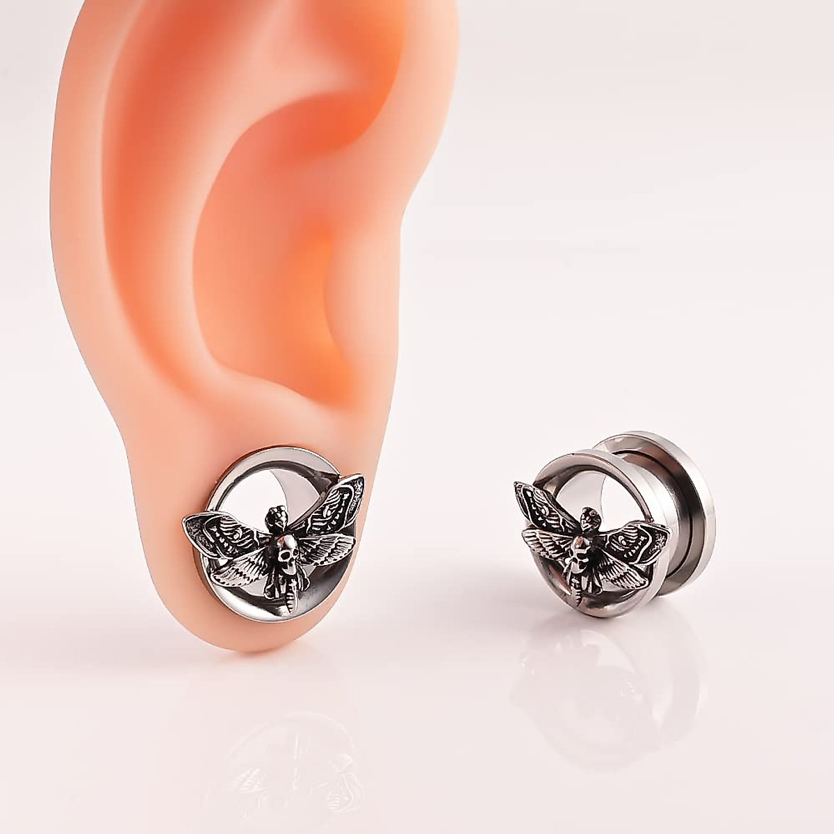 Maxbott 2 PCS Stainless Steel Skull Butterfly Plugs and Tunnels Ear Gauge Stretcher Plug Jewelry Piercing Expander Gauges 8mm-19mm (10mm(00G), Silver)