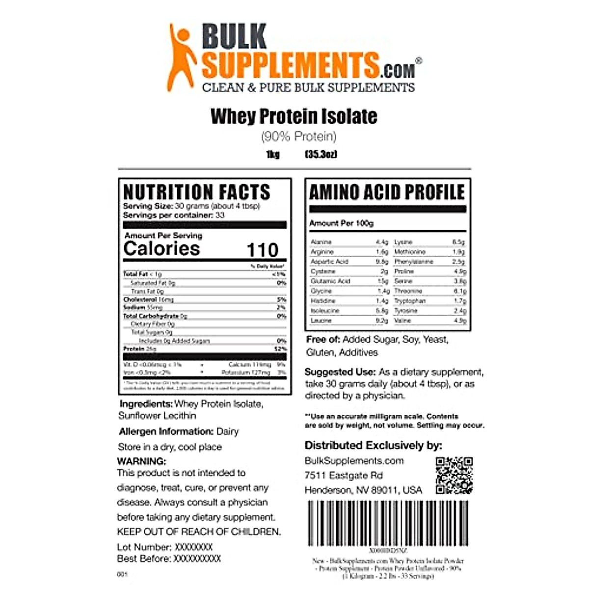 BULKSUPPLEMENTS.COM Whey Protein Isolate Powder - Whey Protein - Flavorless Protein Powder - Pure Protein Powder - 30g per Serving, 33 Servings of Unflavored Protein Powder (1 Kilogram - 2.2 lbs)