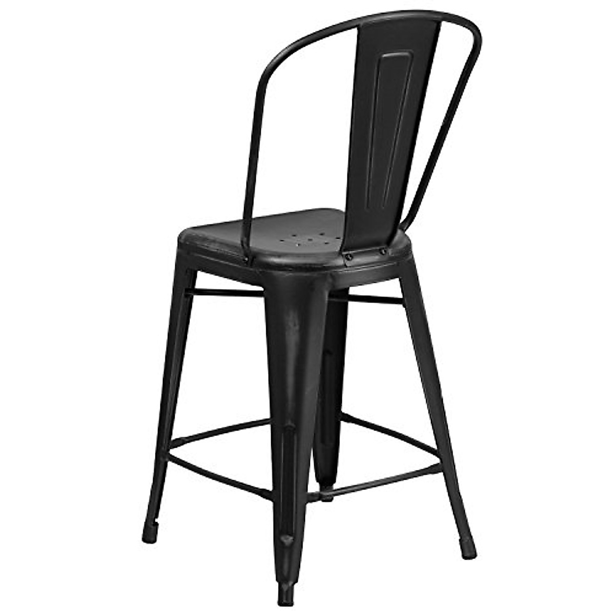 Flash Furniture Carly Commercial Grade 24" High Distressed Black Metal Indoor-Outdoor Counter Height Stool with Back