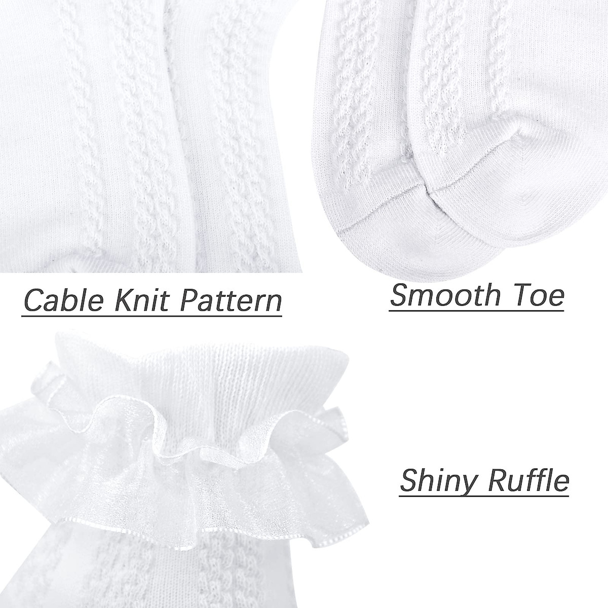 Mini angel Girls Ruffle Socks Frilly Lace Socks Cable Knit Princess Dress Socks for Toddler Girls 2-4 Years, 3 Pairs (White, S)