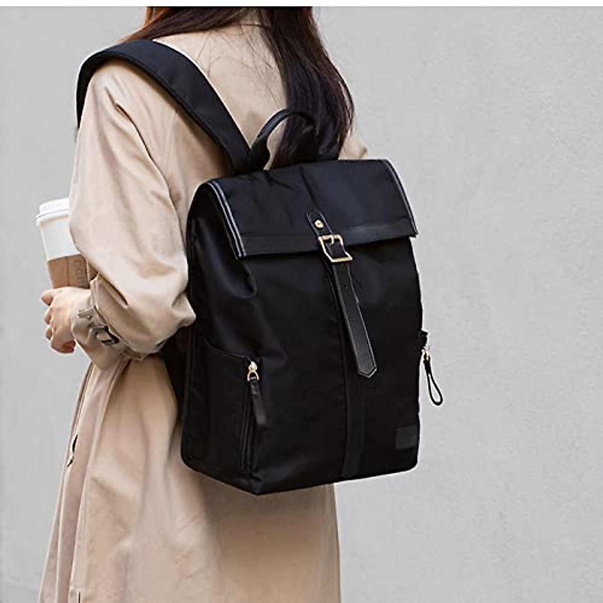 Camelia de Amour Women backpack purse Fashion Nylon Rucksack medium size (t295-183 black/gold Hardware)