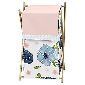 Sweet Jojo Designs Navy Blue and Pink Watercolor Floral Baby Kid Clothes Laundry Hamper - Watercolor Floral Shabby Chic Rose Flower Collection