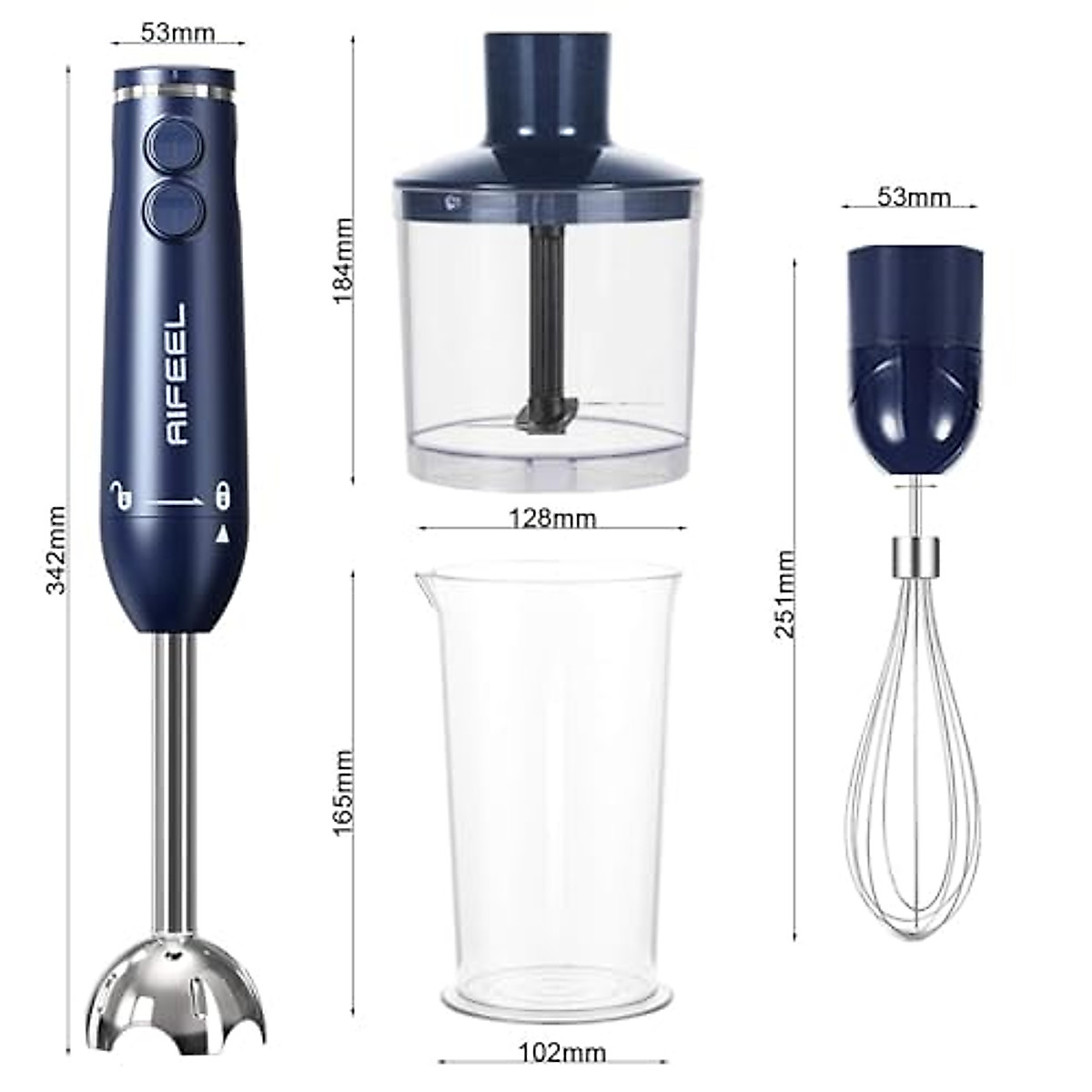 Aifeel Immersion Hand Blender with Ice Chopper,7 in 1 Handheld Blender Stainless Steel Hand Stick Blender with Chopper, Beaker, Whisk for Smoothie, shakes, Baby Food, Sauces Red, Puree, Soup